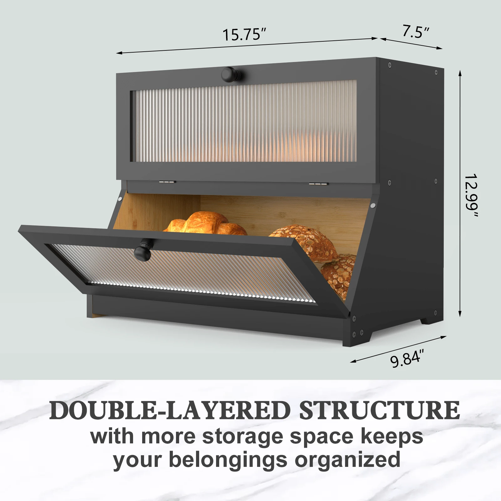 Double Layer Bamboo Bread Box For Kitchen Counter-Large Capacity Bread ...