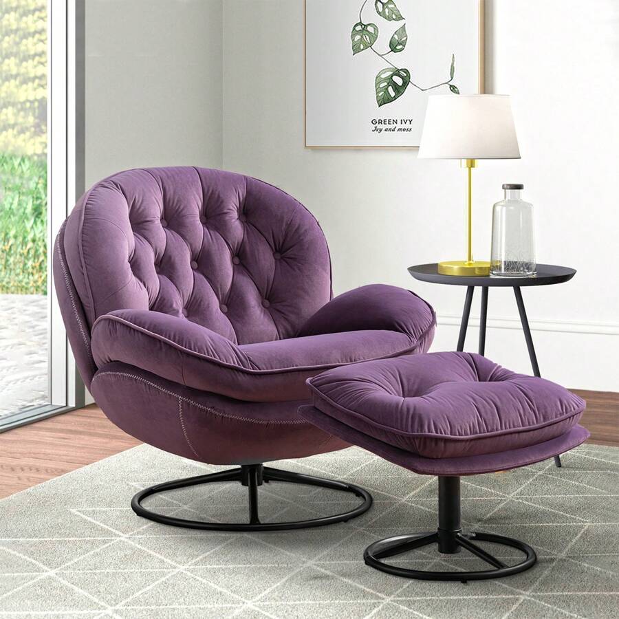 Velvet Swivel Accent Chair With Ottoman Set, Modern Lounge Chair With ...