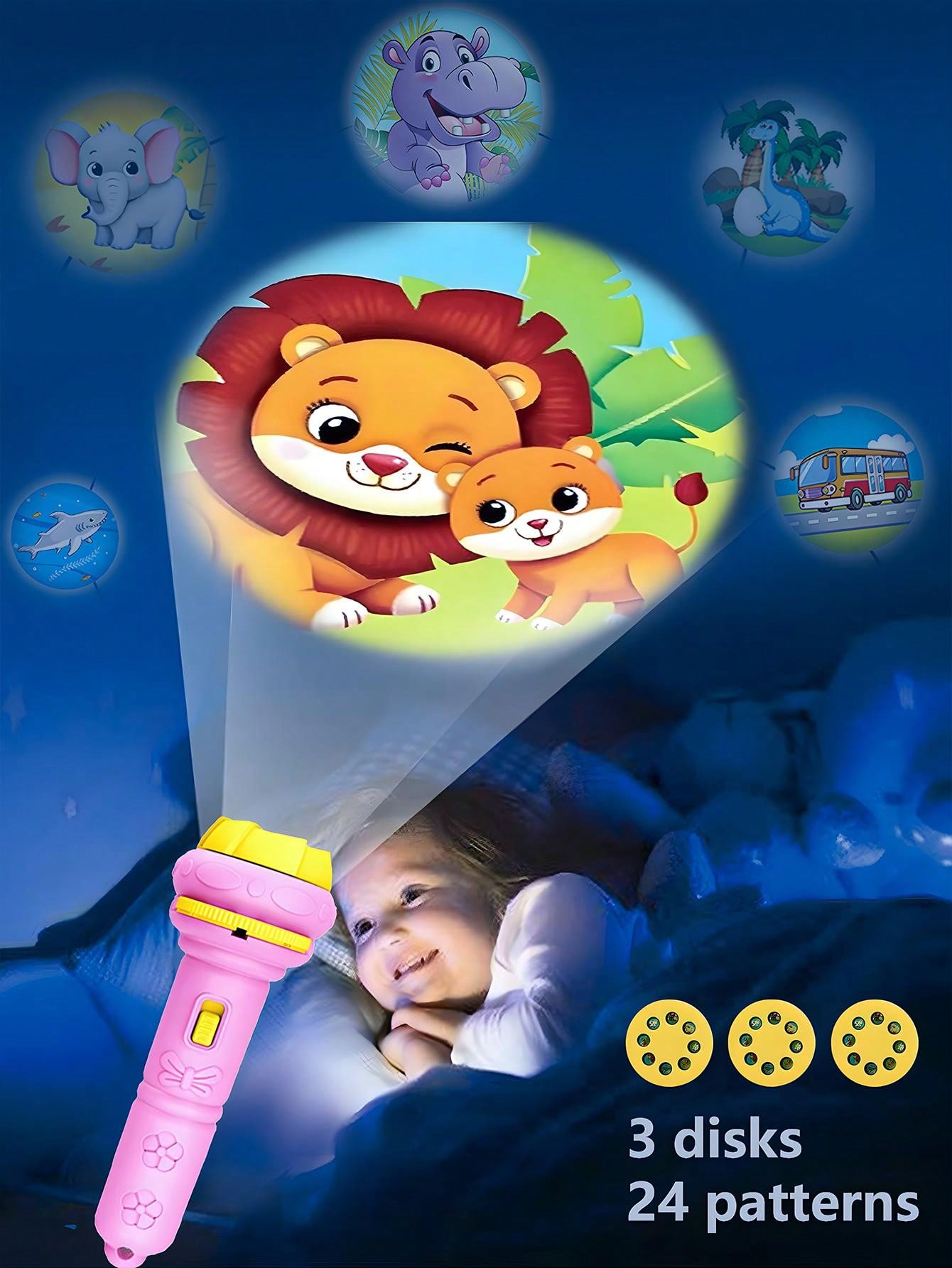 1pc (3 Discs With 24 Patterns) Animal Themed Flashlight Projector Toy ...