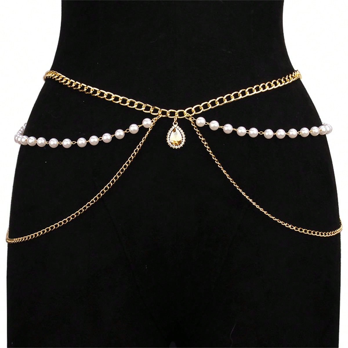 1pc Sexy Layered Metal Chains Bodysuit Chain, Faux Pearl, Rhinestone ...