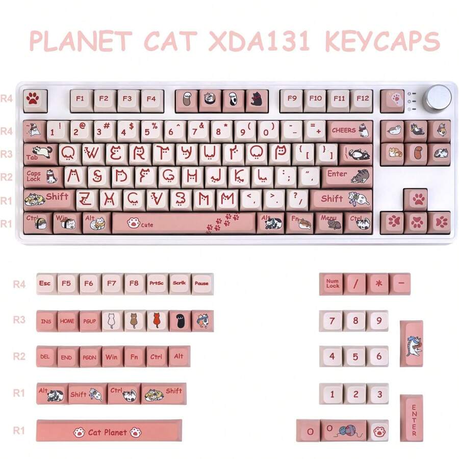 131 Keys Cute Pink Keycaps, Cat Planet Dye-Sublimation Keycaps, PBT XDA ...