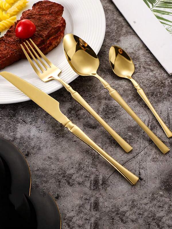 24pcs Gold-Plated Cutlery Set In Curved-Waist Style Gift Box | SHEIN USA
