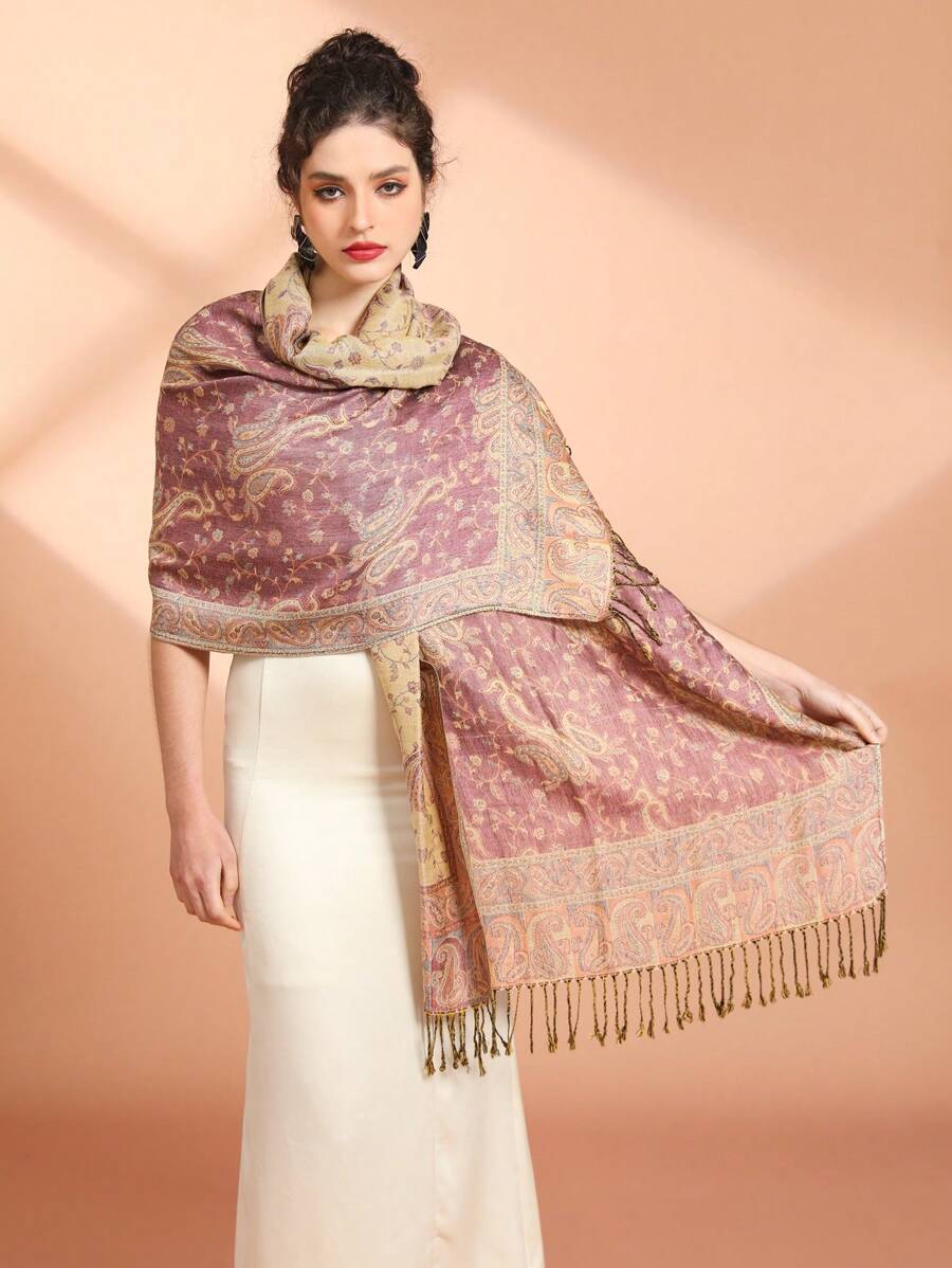 Chal / Pashmina de jacquard de paisley con borlas estilo bohemio y ...
