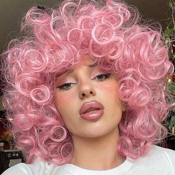 Syntetisk Värmeresistent Peruker Studsig Peruker Med Lugg Rosa Peruk 14 ...