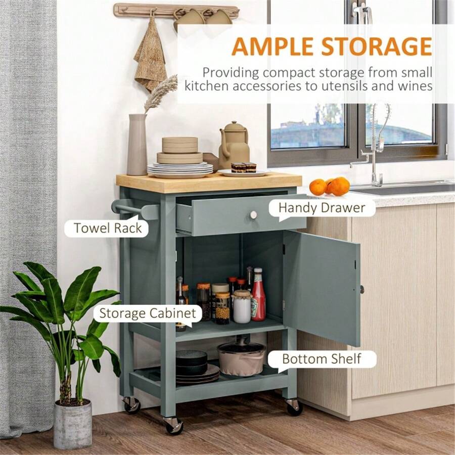 Small Solid Wood Top Kitchen Island Cart On Wheels With Storage ...