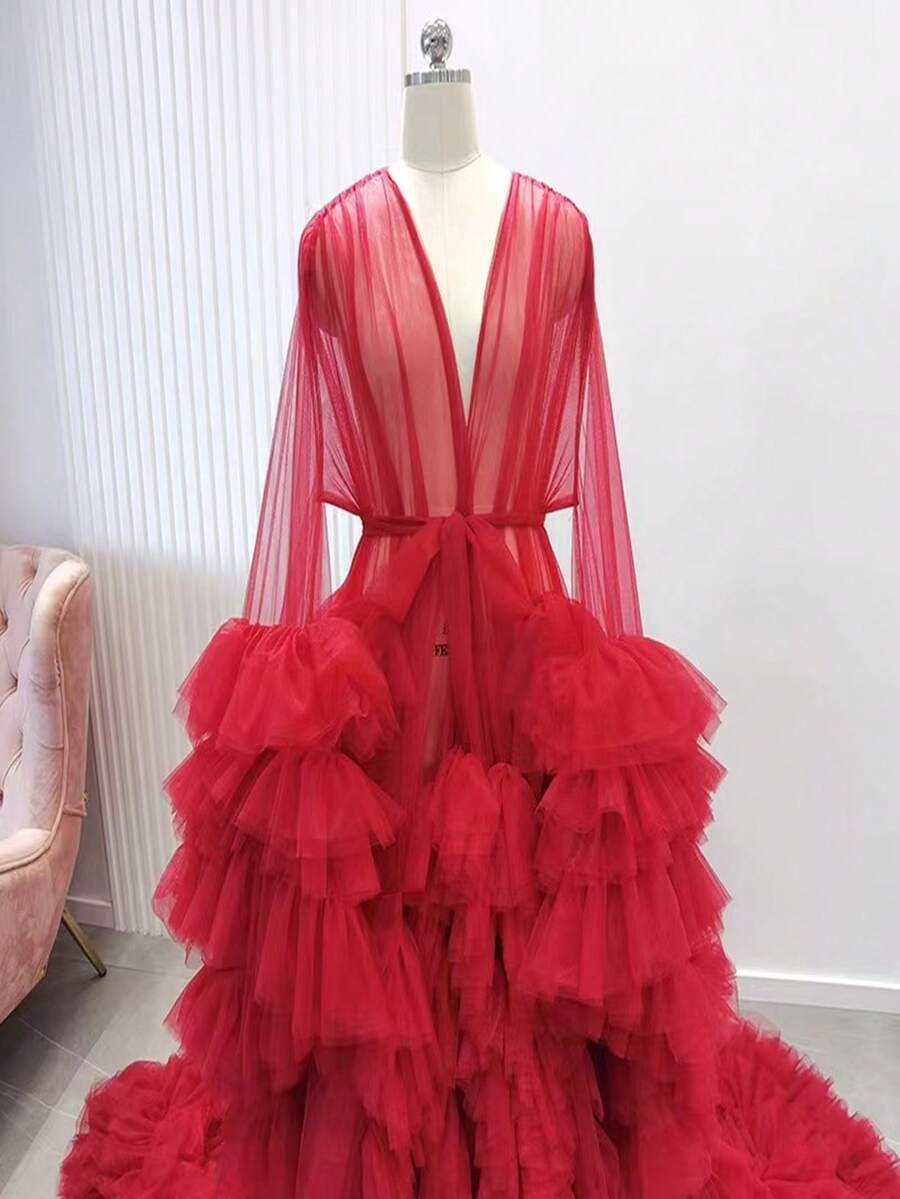 Sexy Women's Bridal Gown Sheer Mesh Ruffle Edge Tie Waist Maternity ...