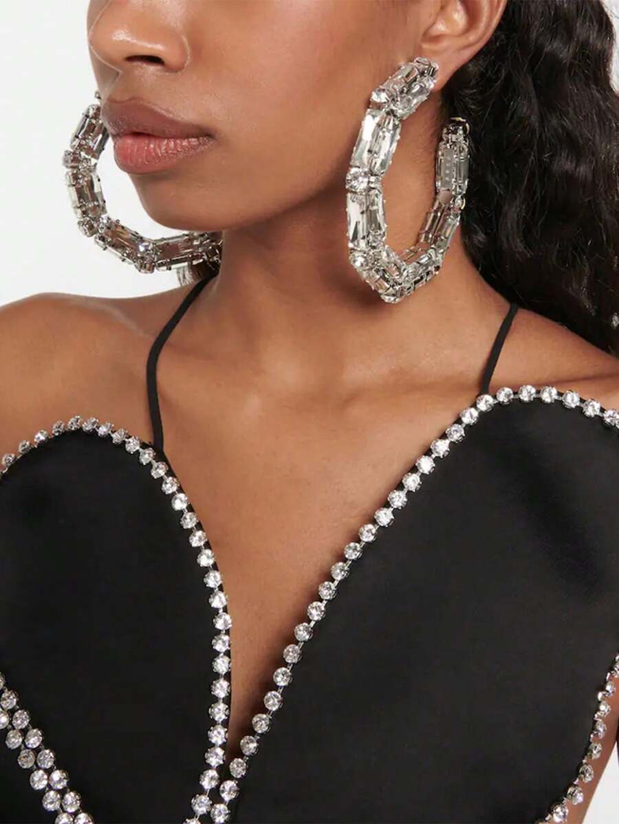 1pair Metallic Simple Circle & Square Rhinestone Embellished Earrings ...