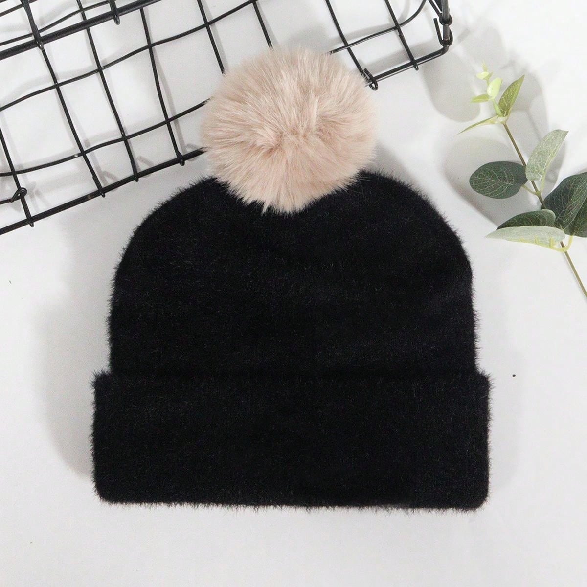 1pc Unisex Pure Color Knitted Hat With Fur Ball, Autumn And Winter ...