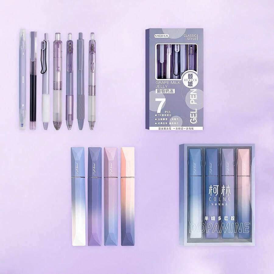 12pcs Grape Purple Stationery Set, 7pcs Various Style Neutral Pens With ...