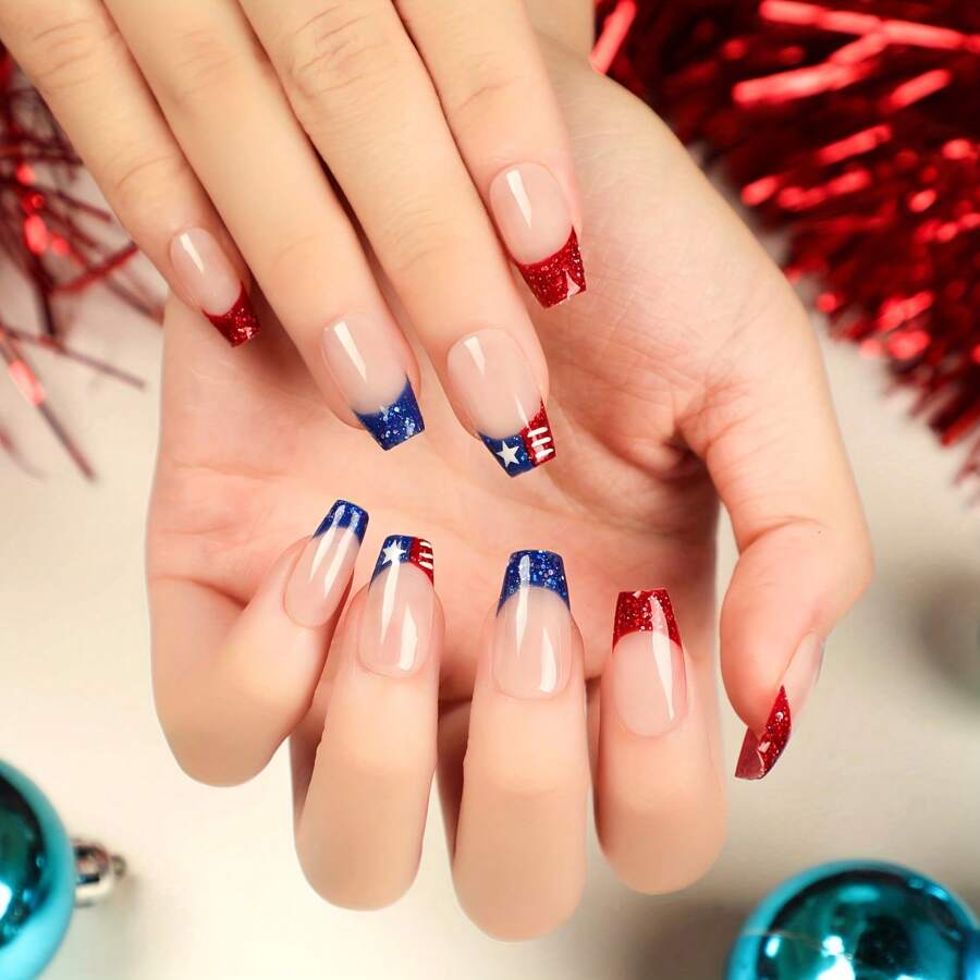 24pcs/Set Independence Day Design False Nails Stickers Cross-Border ...