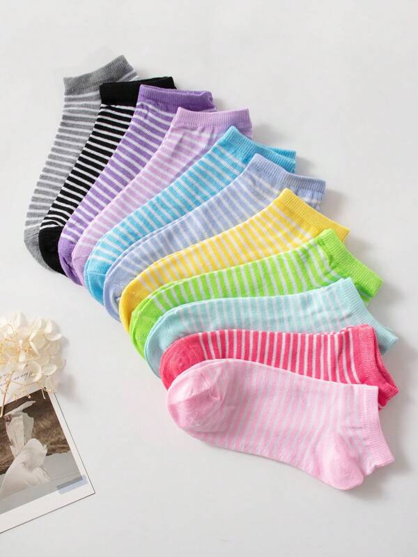 10pairs Women'S Candy Colored Fine Striped Soft & Comfortable Casual ...