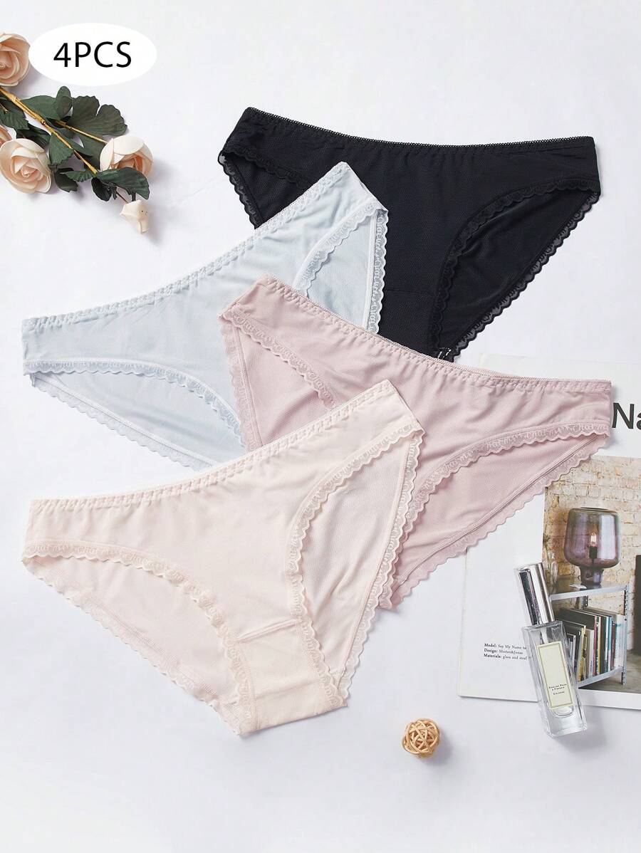 4pcs/Set Woman's Spliced Lace Ice Silk Seamless Triangle Panties | SHEIN USA