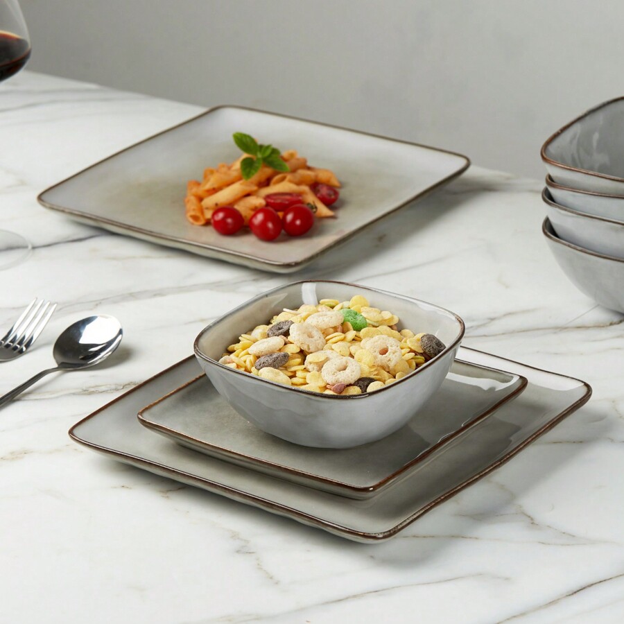 Famiware Ocean Square Stoneware Dinnerware Set, 12 Piece Dish Set ...