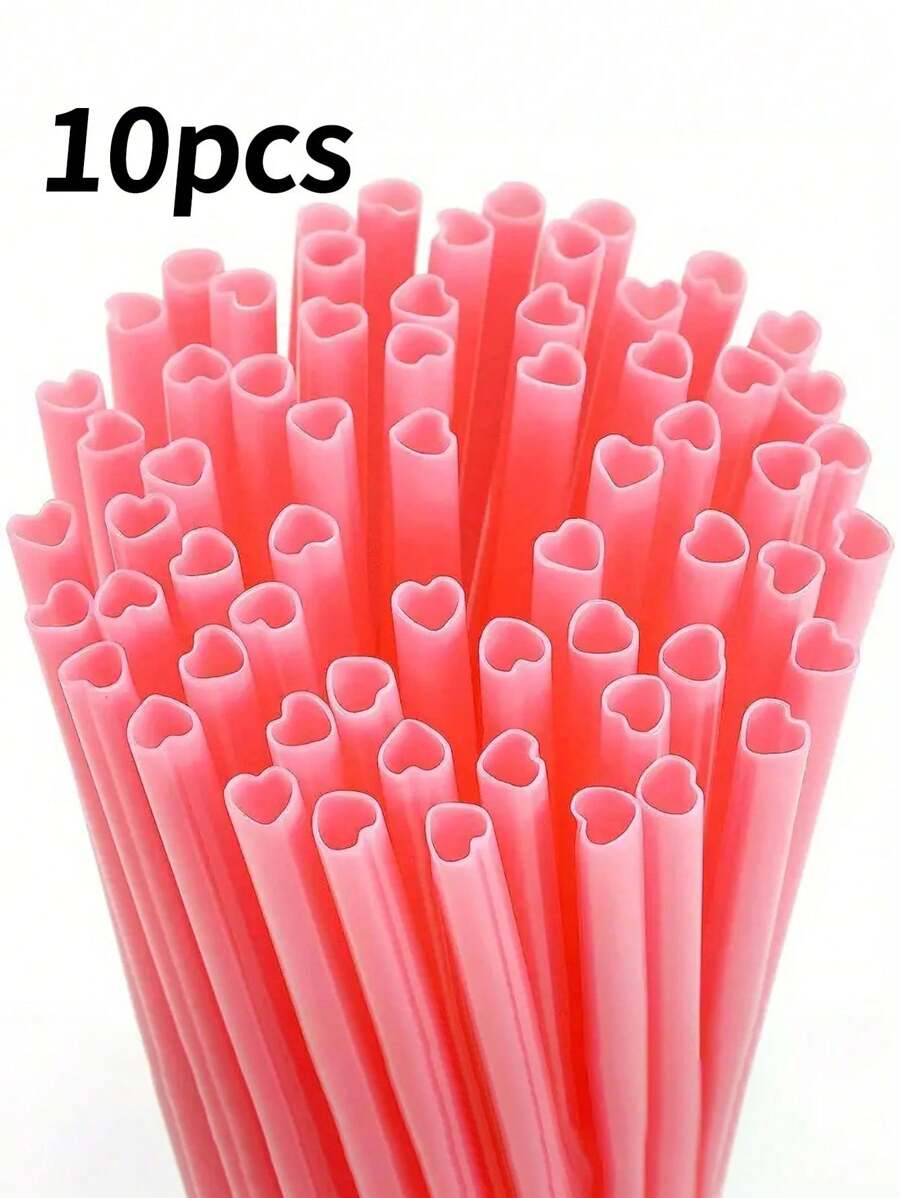 10pcs Heart Shaped Pink Reusable Plastic Straws, Lovely Straws For ...