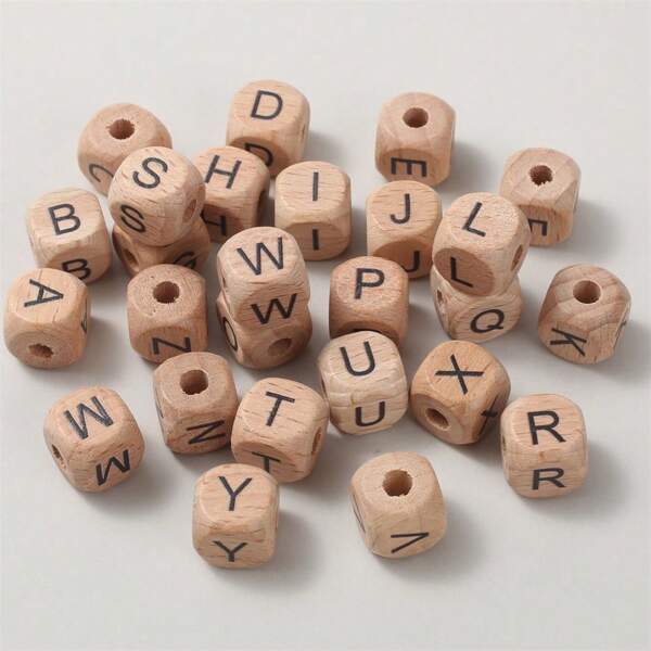 26Pcs Cube Wood Beads With Initial 26 Letters 12mm Natural Square ...