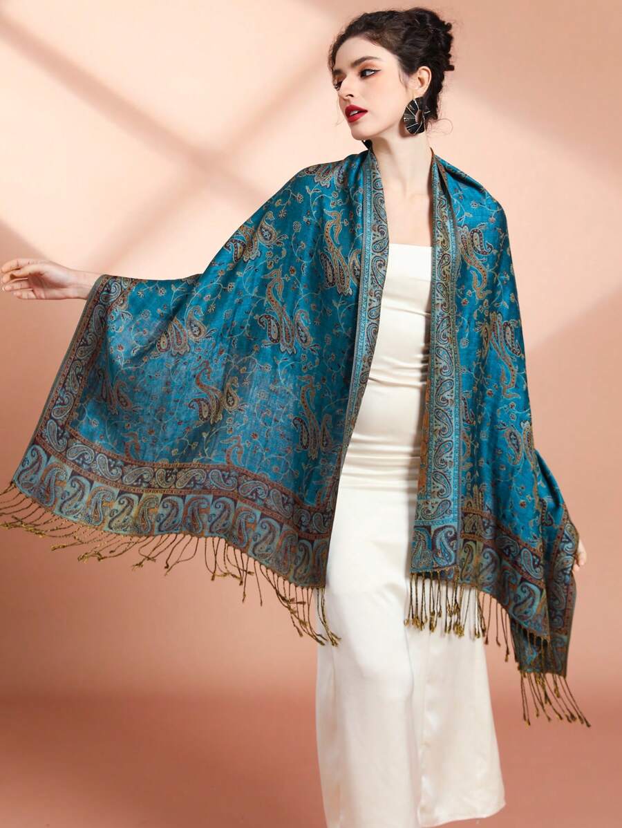 Boho Tassel Paisley Pattern Shawl Scarf With Pashmina Stone, Good ...