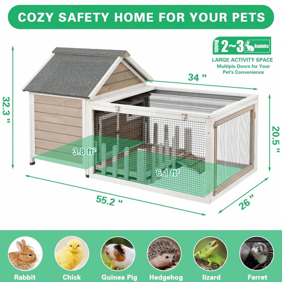 PETSCOSSET Outdoor Large Wooden Rabbit Hutch With White Picket Fence ...