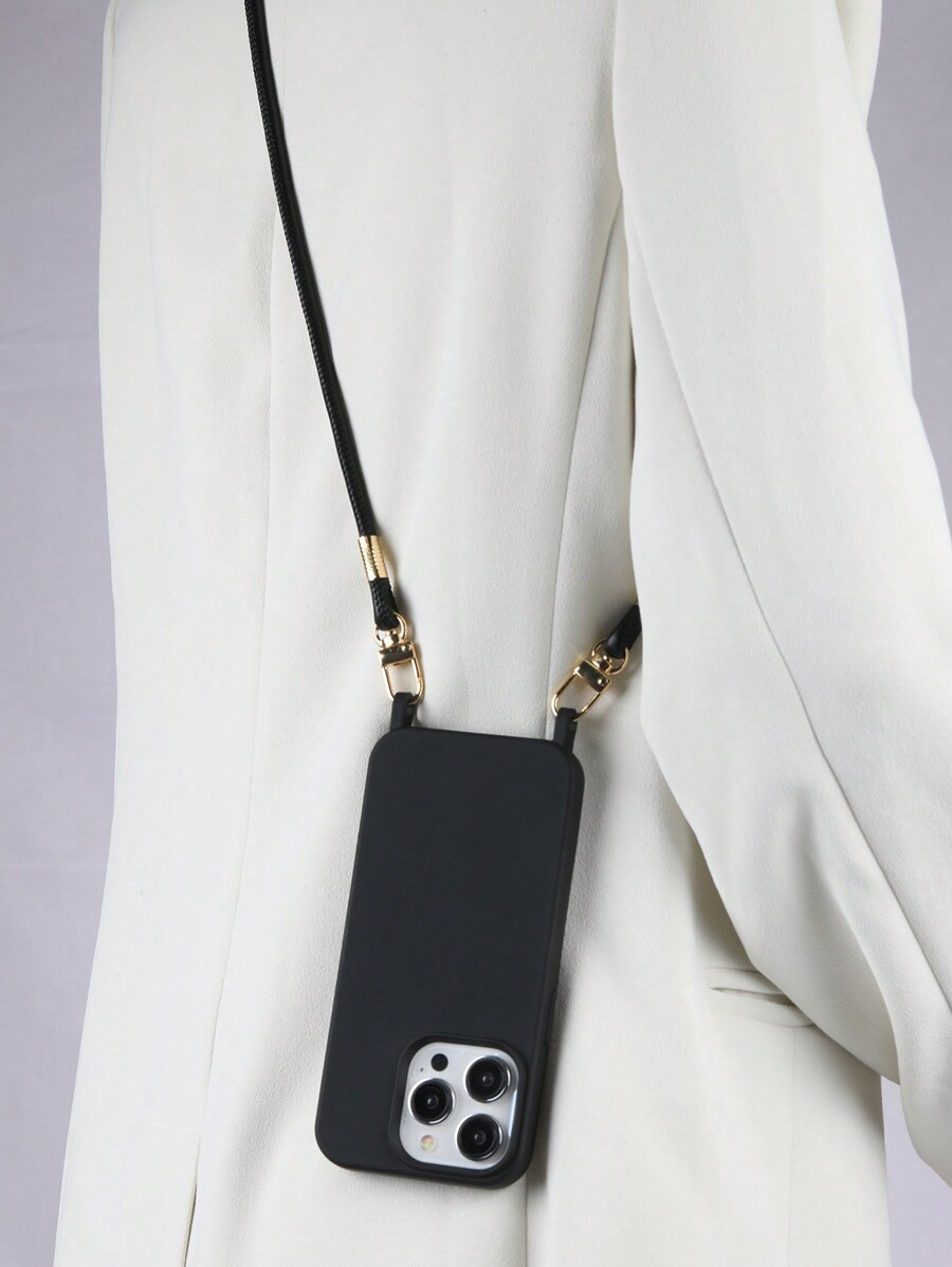 All Black Color Phone Case With Hand Made Lanyard Compatible With Apple ...