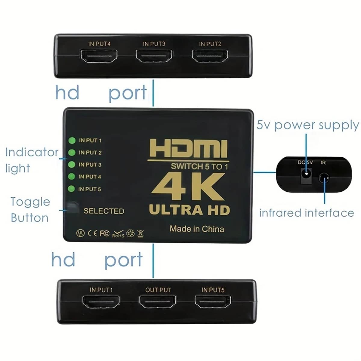 1pc 4k 2k 5x1 Hdmi Splitter Cable 1080P Video Switcher Adapter 5 Input ...