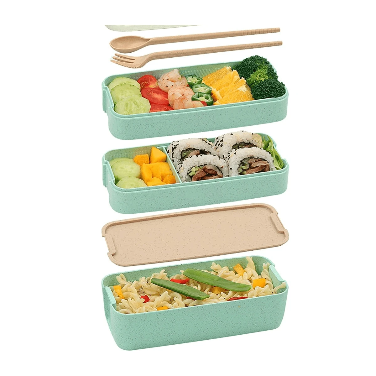 Lunch Box 3 Niveles Topper con Cuchara y Tenedor de Fibra de Trigo con ...