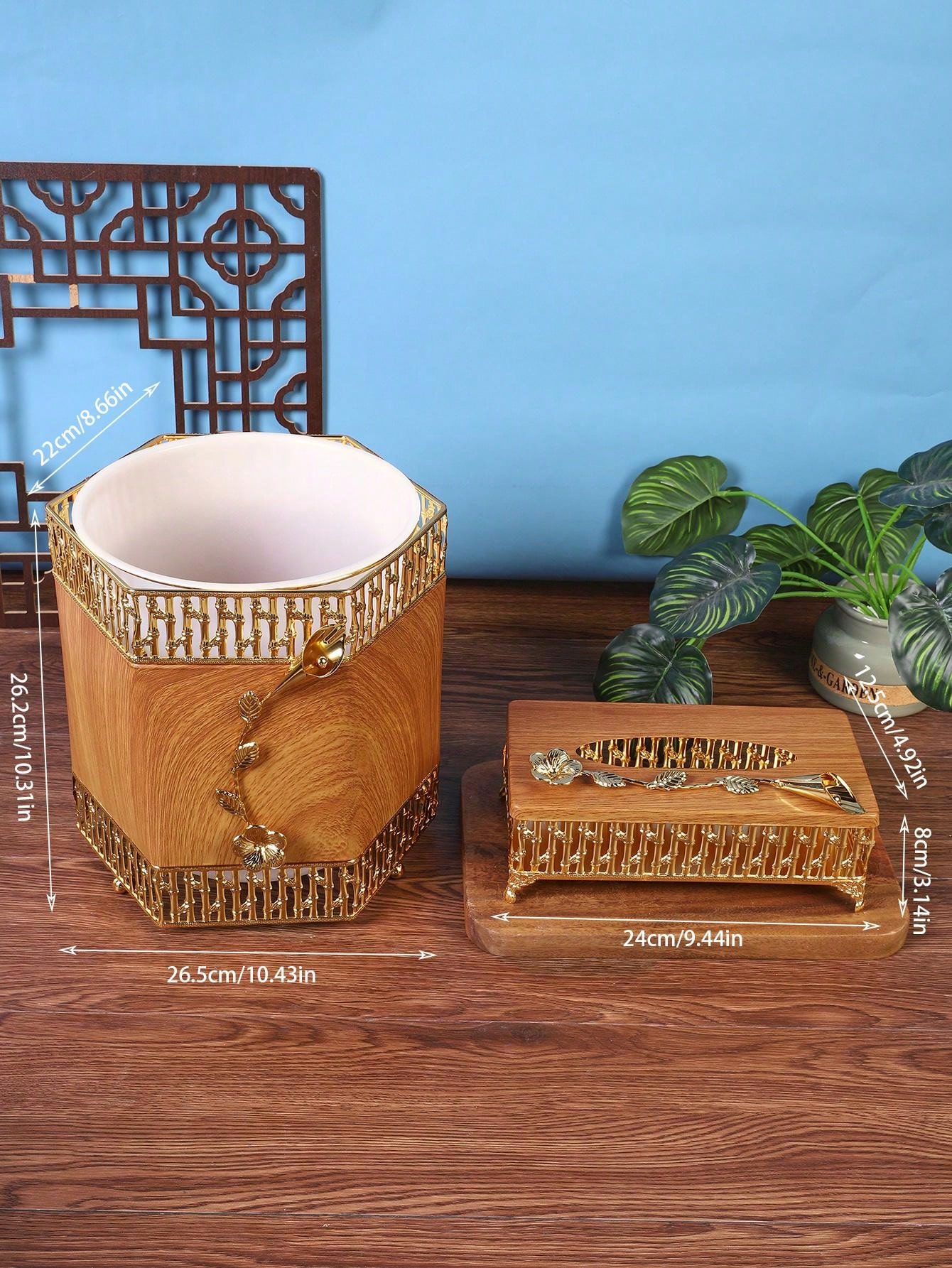 Wooden Grain Luxurious Garbage Can & Tissue Box Set | SHEIN UK