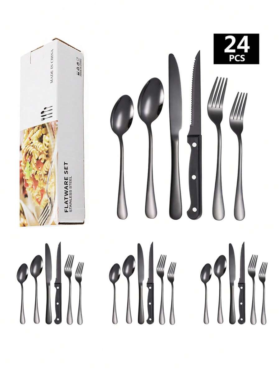 24-Piece Set Stainless Steel Steak Knife Fork Spoon Cutlery Set ...