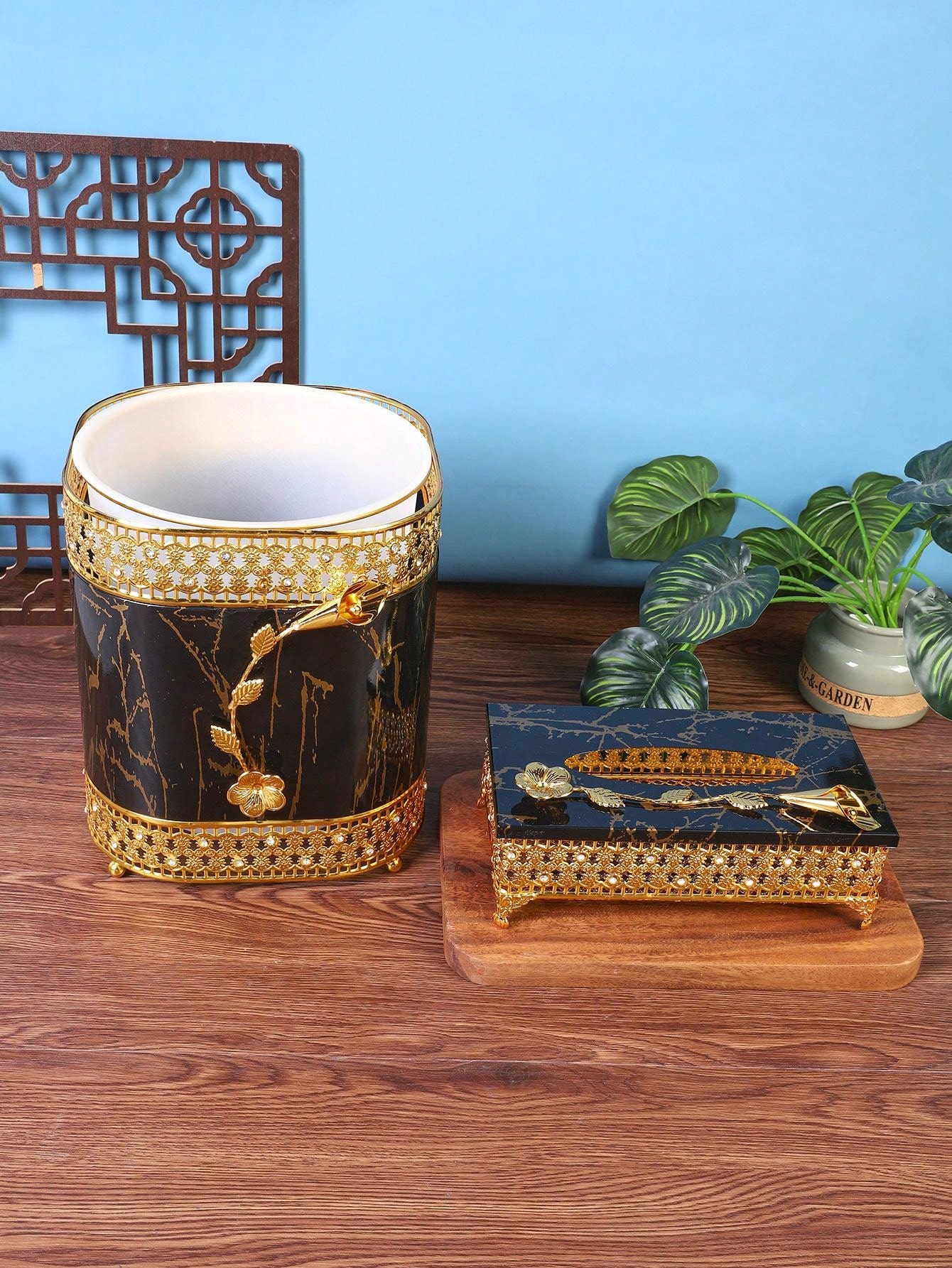 Black & Gold Luxury Waste Bin And Tissue Box Set | SHEIN UK