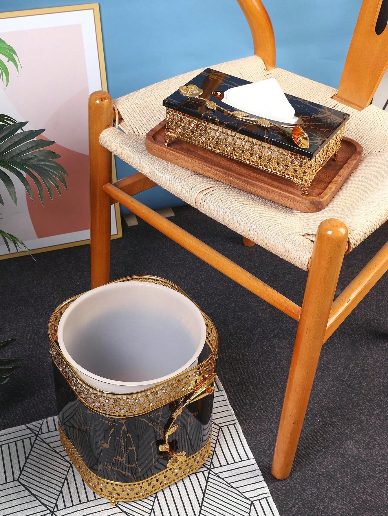 Black & Gold Luxury Waste Bin And Tissue Box Set | SHEIN UK