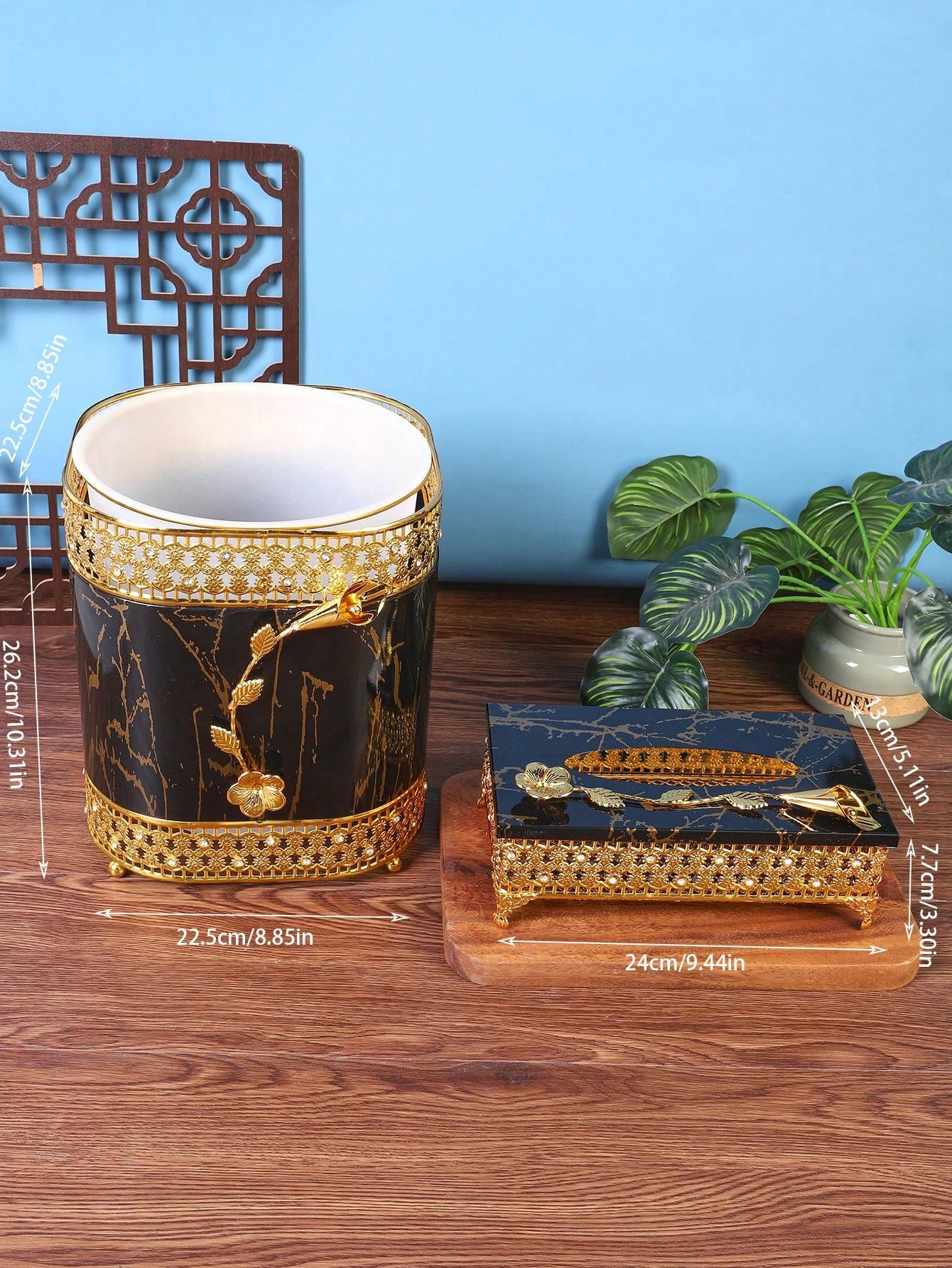 Black & Gold Luxury Waste Bin And Tissue Box Set | SHEIN UK