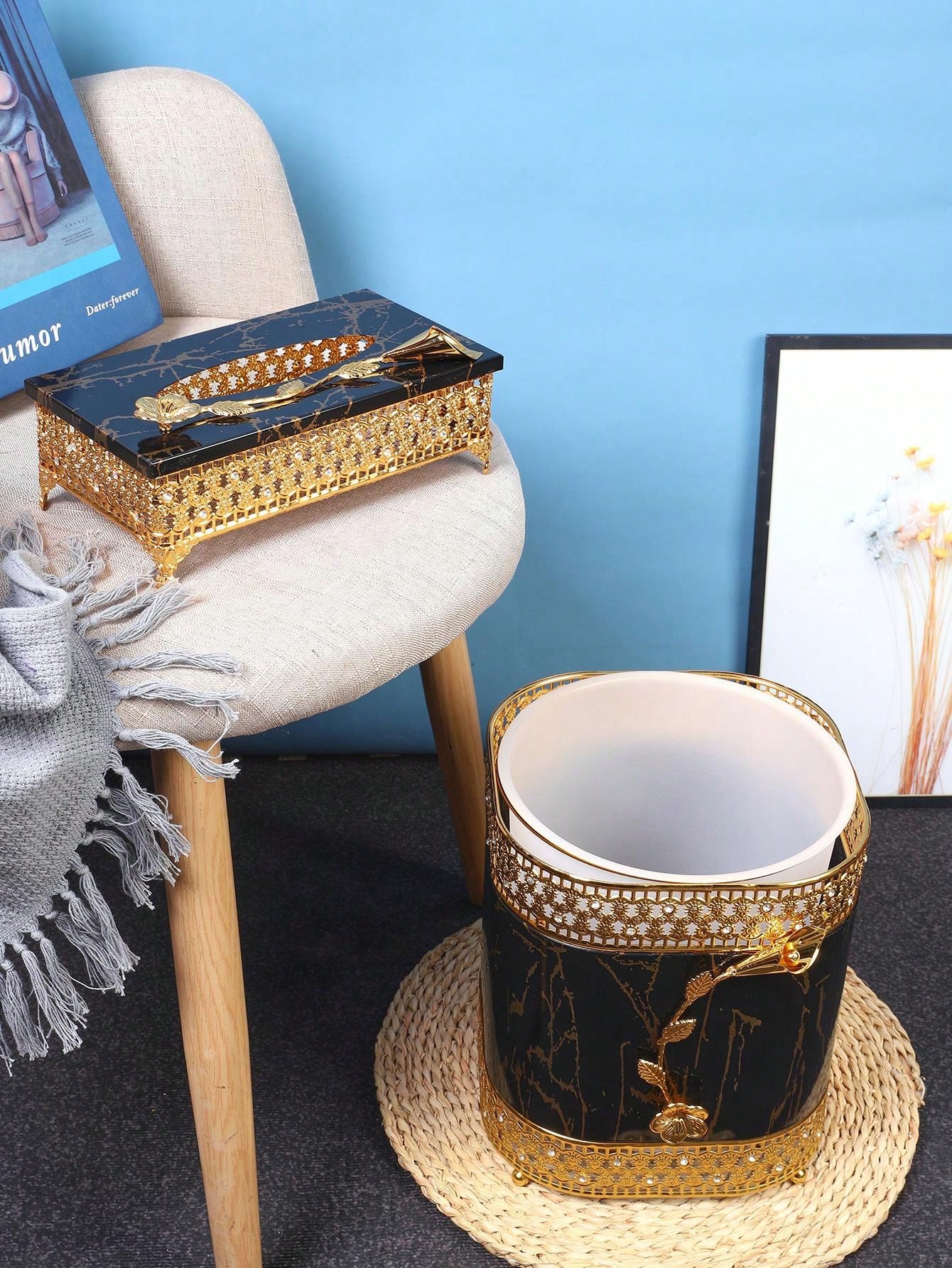 Black & Gold Luxury Waste Bin And Tissue Box Set | SHEIN UK