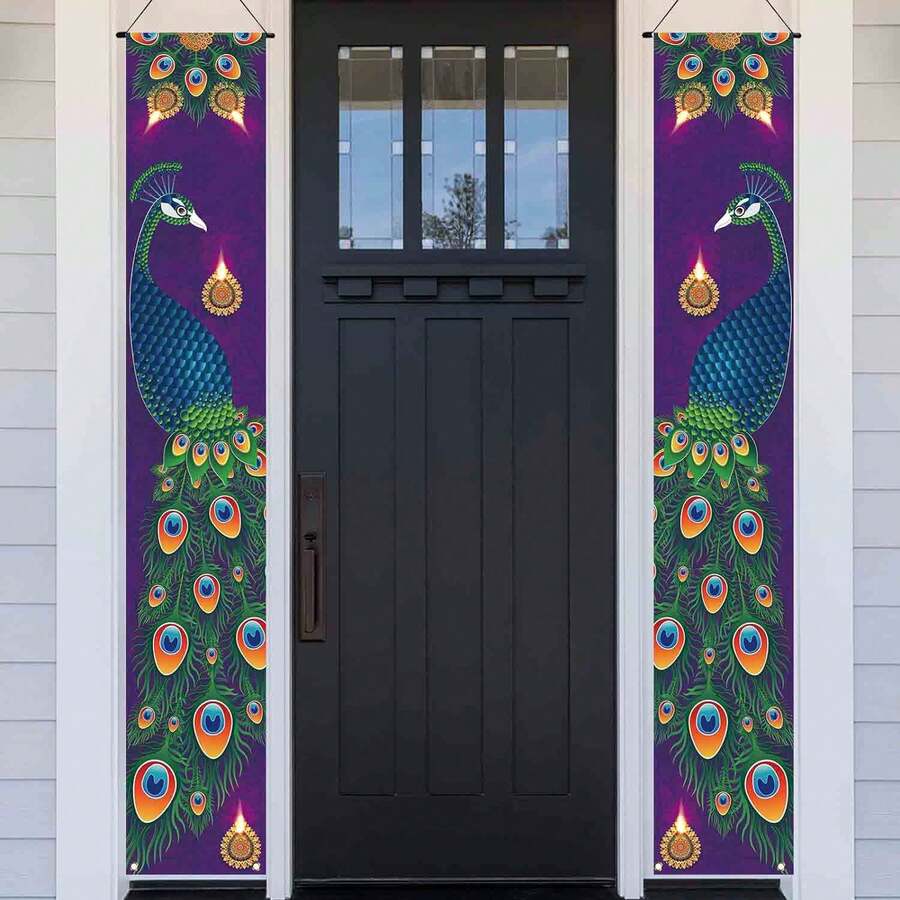 1 Pair Of Happy Porch Banner Peacock Welcome Sign Vinyl Door Sign Set ...