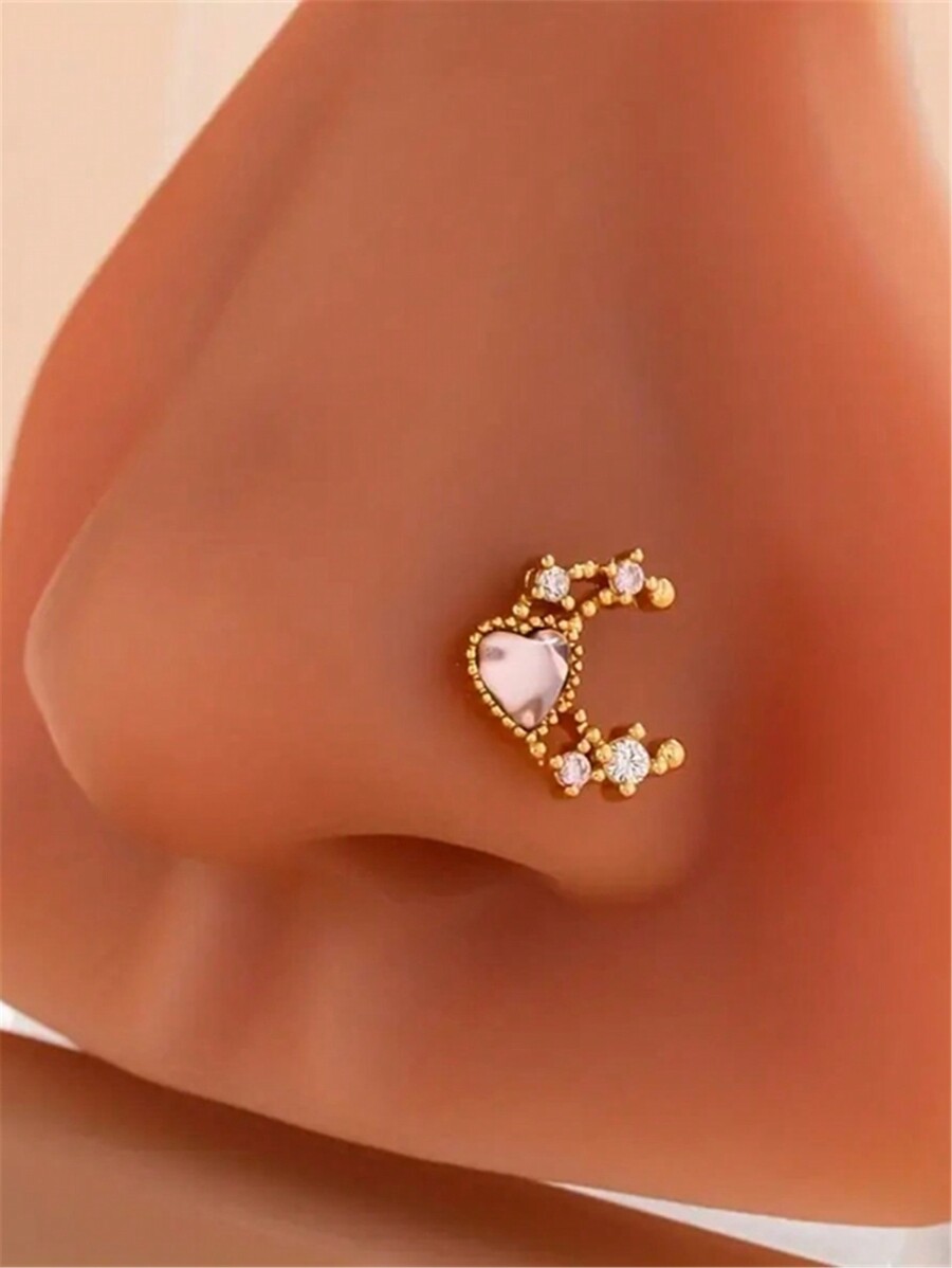 1pc Moon Love Heart Stud Nose Nail Inlaid Shiny Elegant Stainless Steel ...