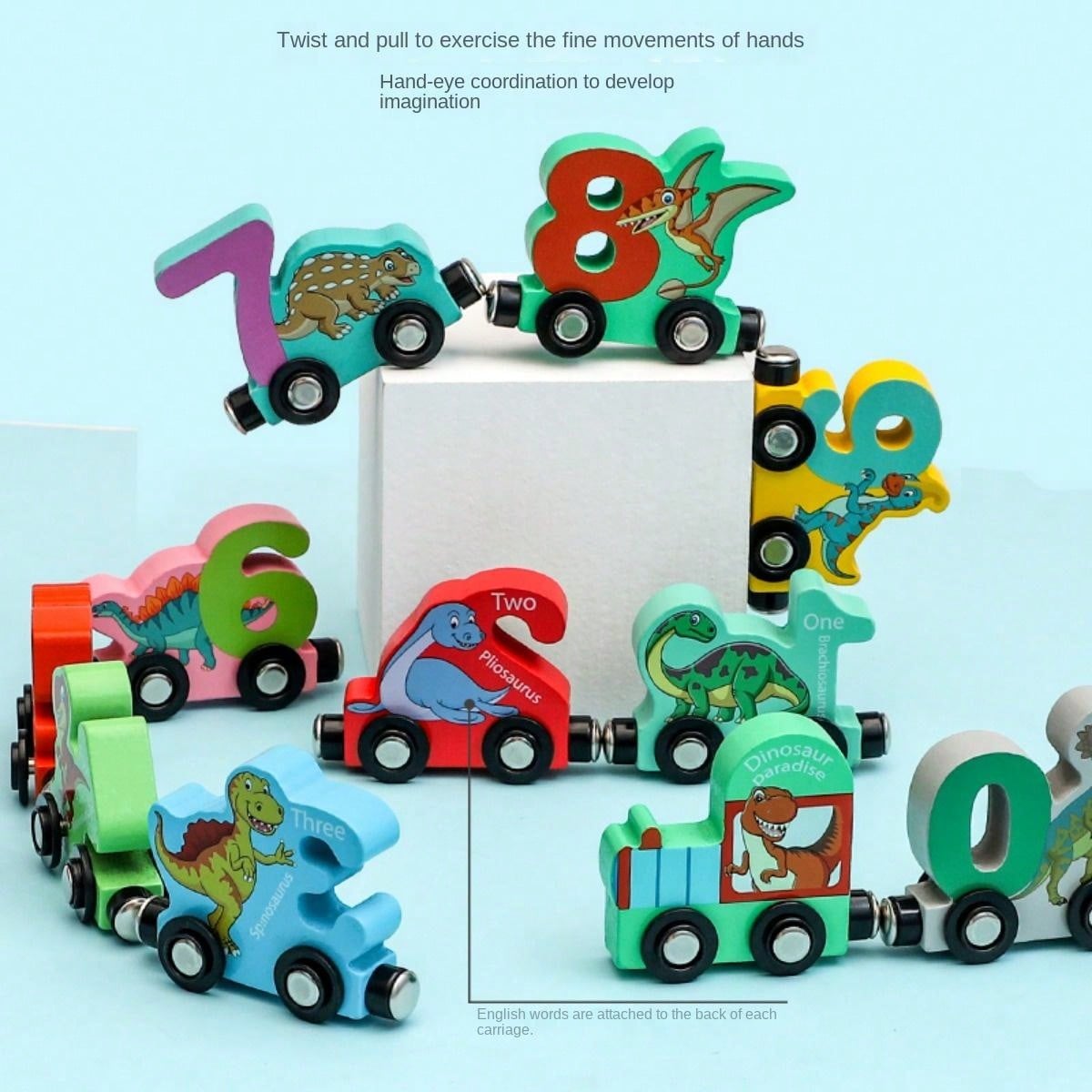 11 Different Dinosaur Themed Numbered Small Trains Kids Wooden Building ...