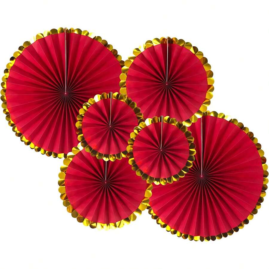 6PCS/Set Red And Golden Foil Wedding Paper Fan Flower Red Haning ...