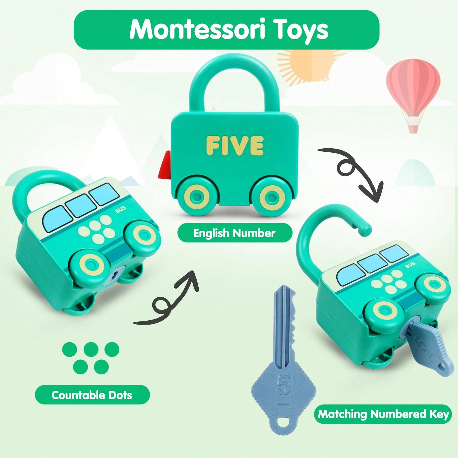 6PCS Preschool Learning Activities Lock And Key Toy Montessori Counting ...