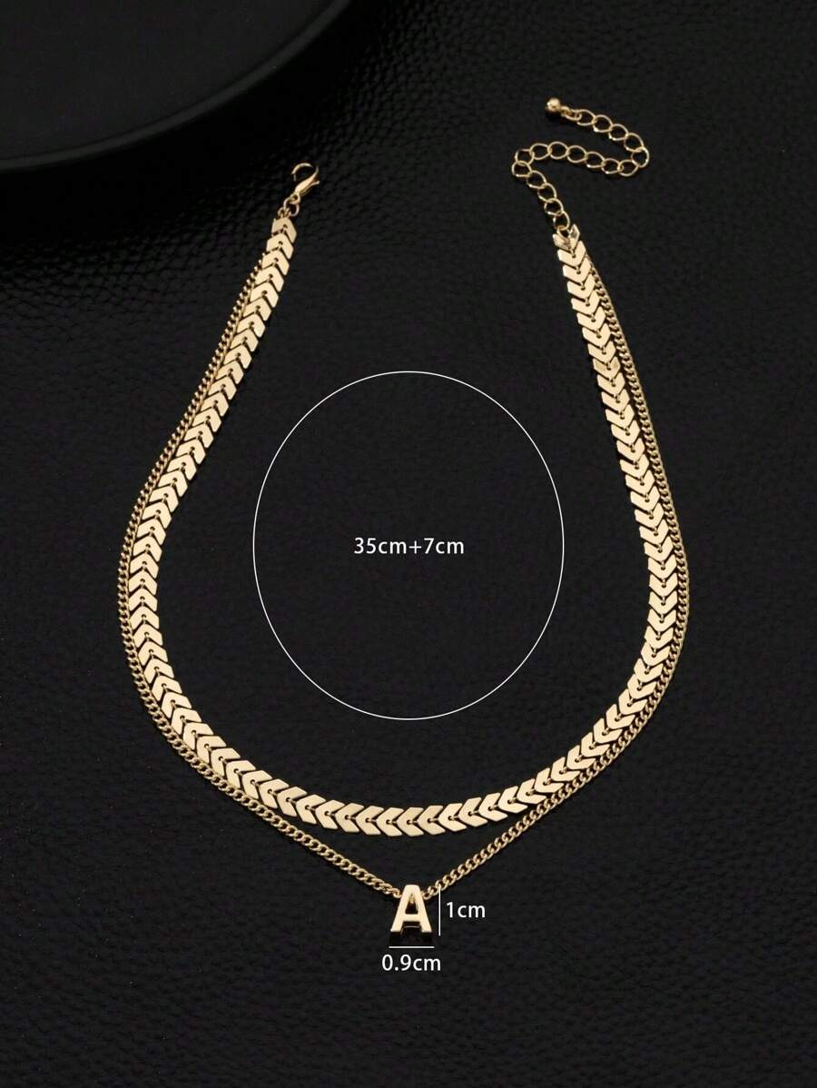 1pc Gold Tone Double Layered Fishbone Chain Necklace With Heart ...