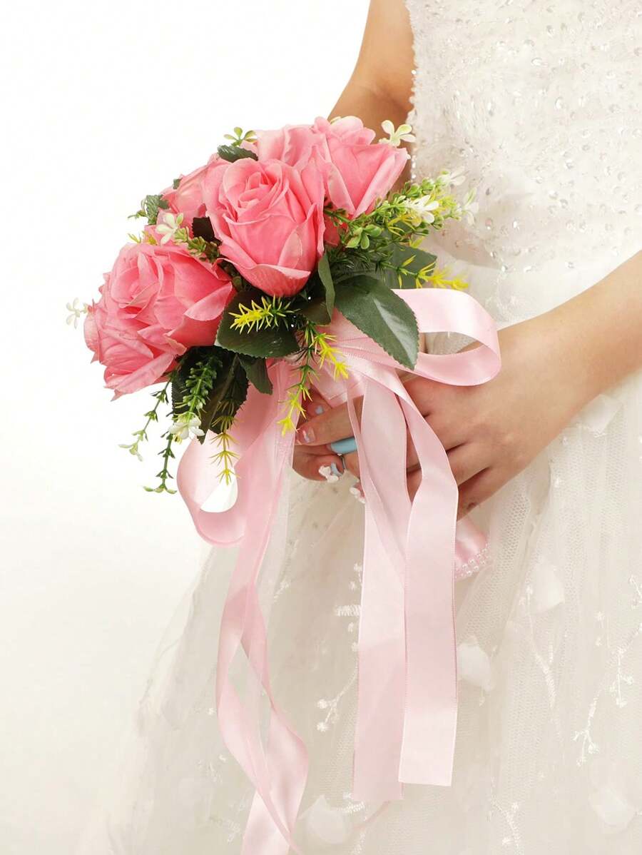 1pc Wedding Bridal Bouquet, Artificial Silk Rose Flower Bridesmaid ...