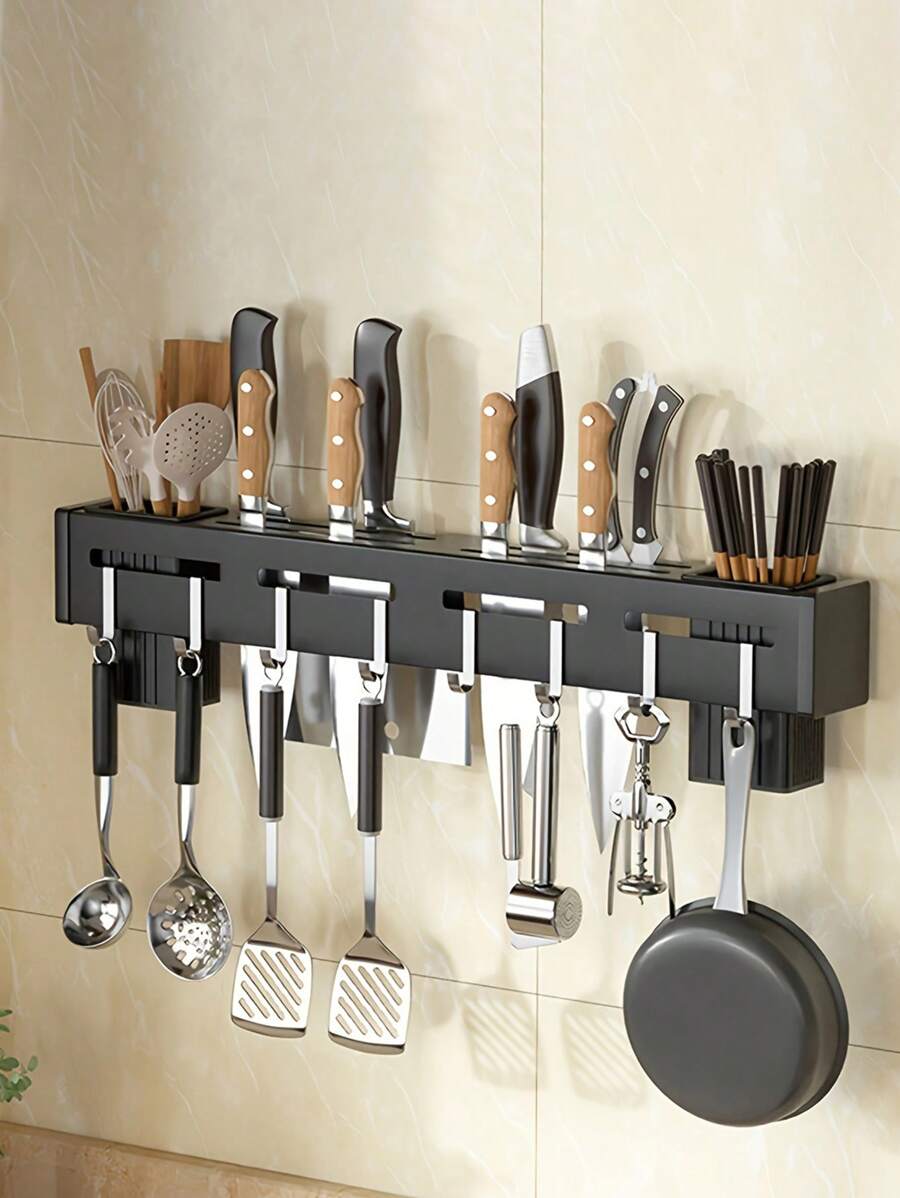 1 Set Wall-Mounted Kitchen Storage Rack With Hooks And Knife Slot ...
