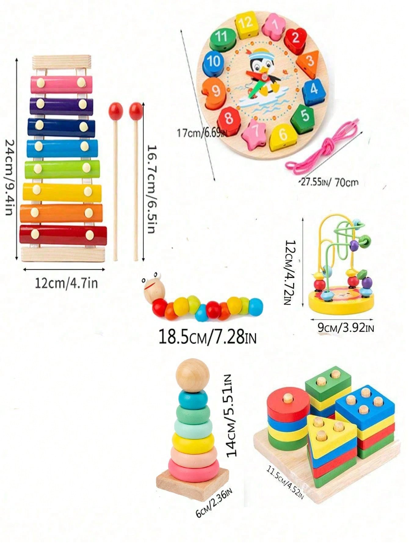 A:6pcs Toy Set B:8-Note Xylophone, Shape Sorter Clock, Caterpillar Gear ...
