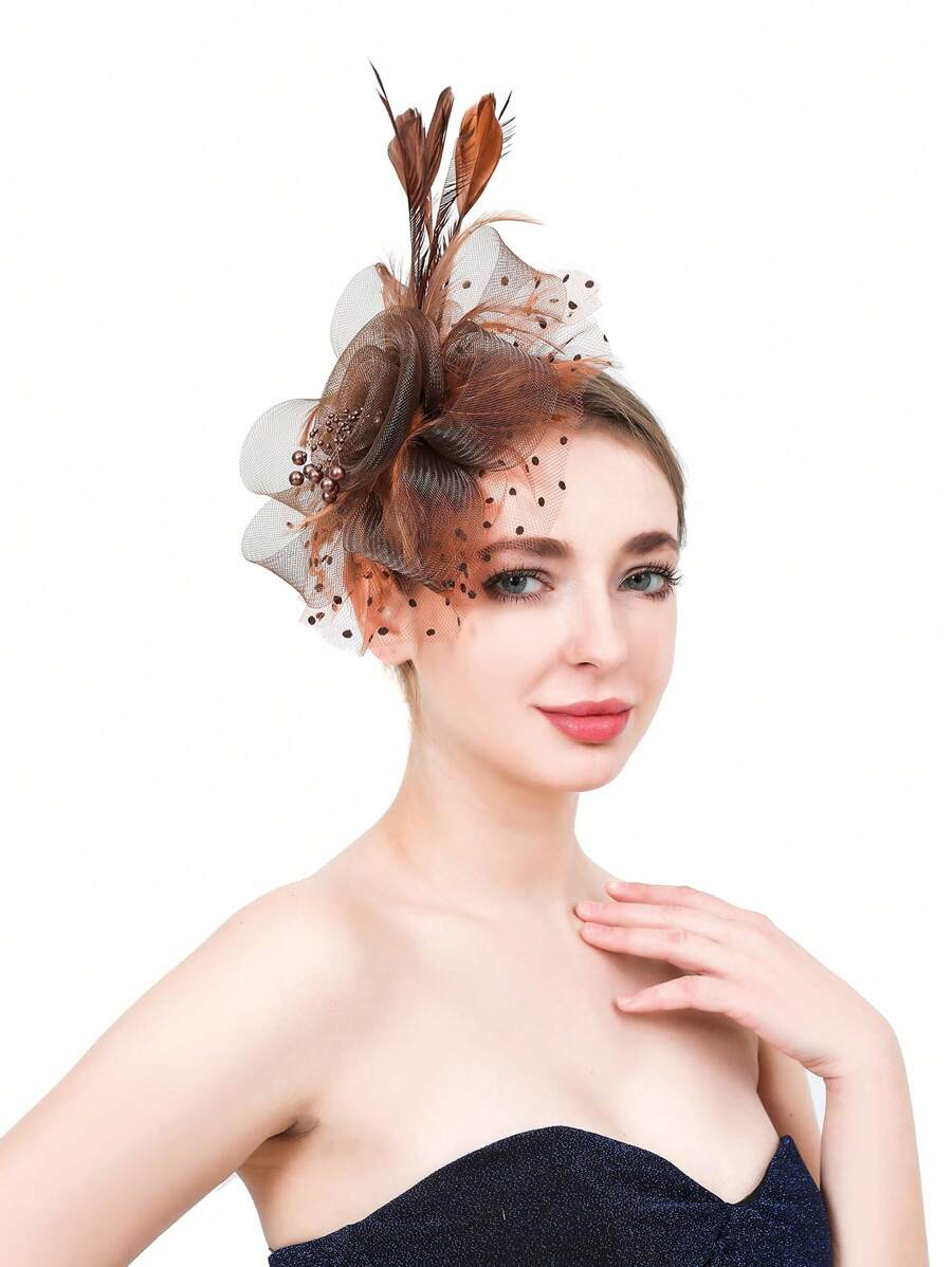 1pc Coffee Feather Headpiece Fascinator Hat Hair Clip Headband For Tea ...
