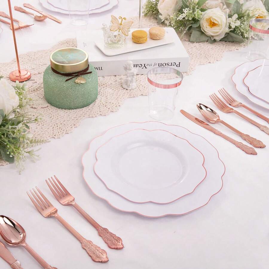 180PCS Rose Gold Plastic Plates With Silverware-Include 60 Plastic ...