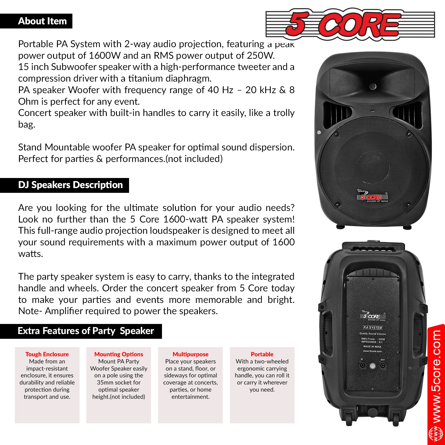Core DJ Speakers 15 Inch PA Speaker System 250W RMS 1 Piece Indoor ...
