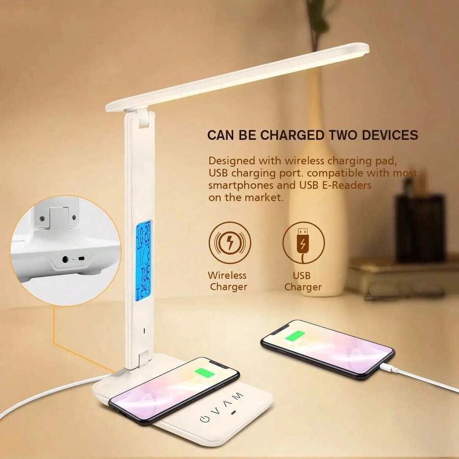 LED Desk Lamp 10W QI Wireless Rechargeable With Clock Dimmable Eye ...