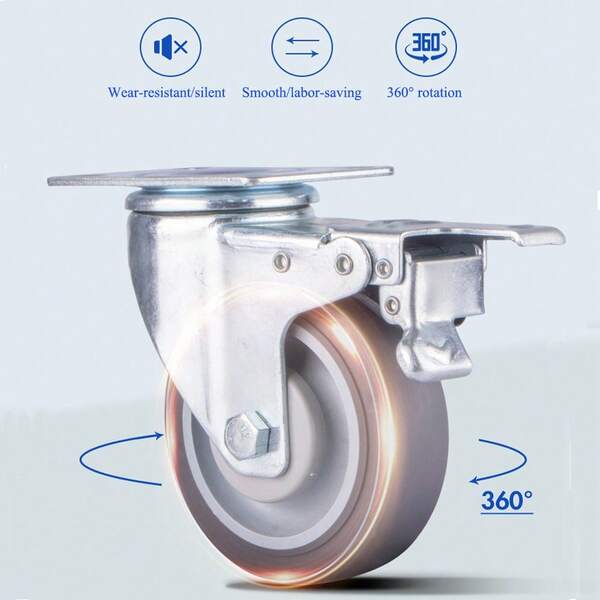 4 Inch Gray Tpr Foot Wheel With Brake, Silent Flatbed Caster Wheel With ...