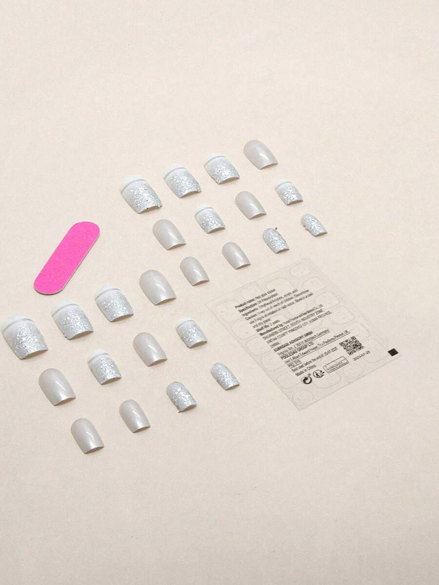 Elevate Your Style With 24pcs Short Square Silver Mirror Glitter Line ...