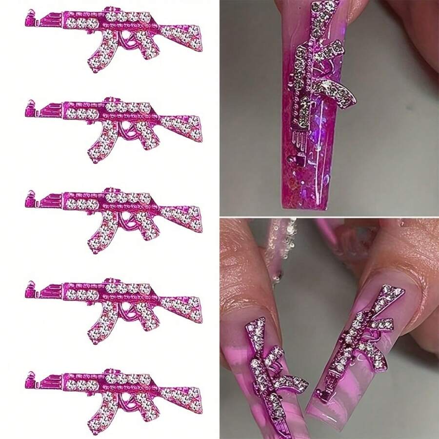 5 PCS Y2K Pink Gun Nail Art Charms With Rhinestones,3D Alloy AK Shape ...