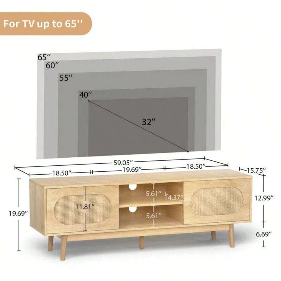 59" Rattan TV Console Table, TV Cabinet With Sliding Doors For TVs Up ...