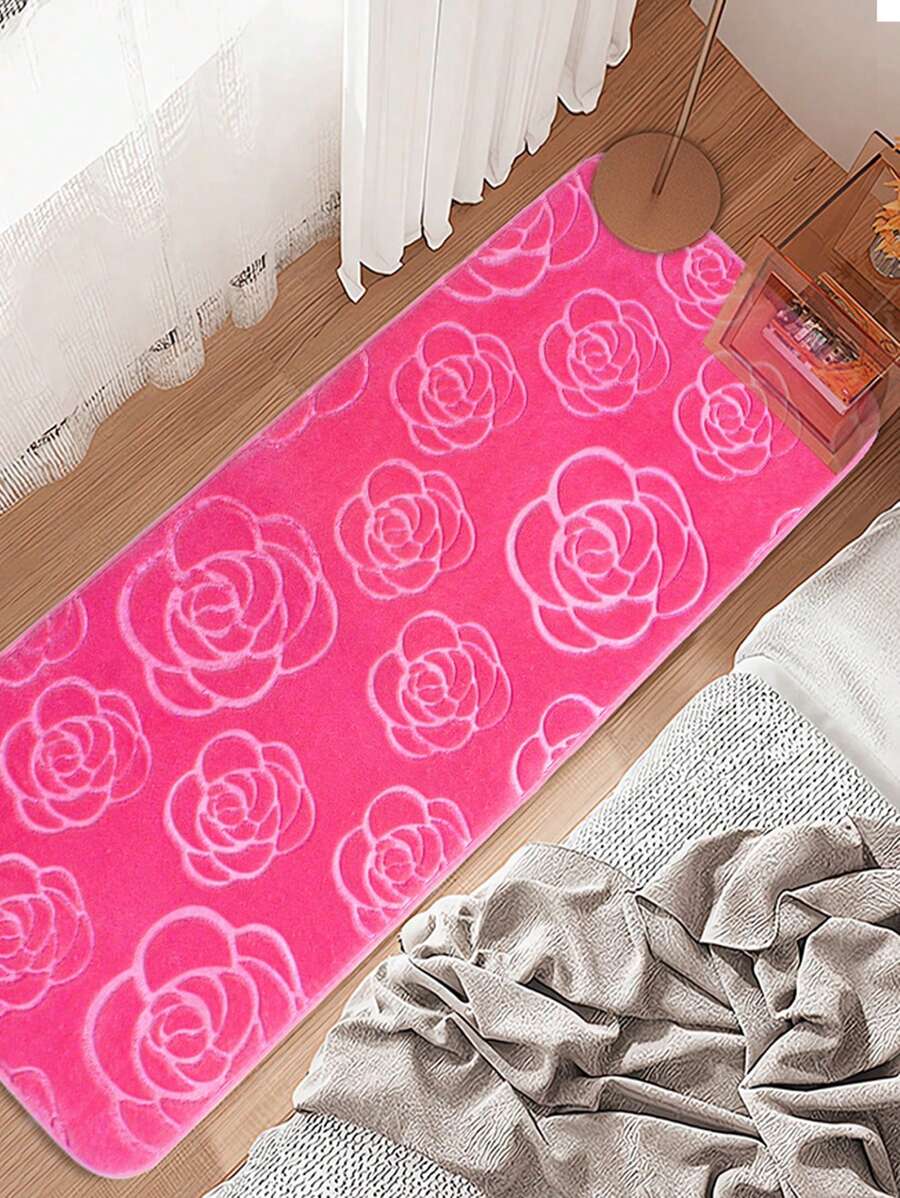 1pc Flannel Pink Long Rose Flower Embossed Area Rug, Valentine's Day ...
