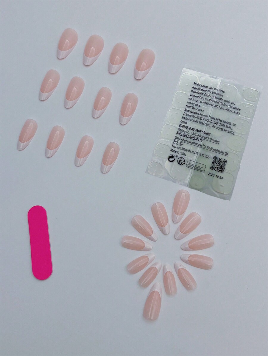 24 Long Almond Shaped Minimalist White French Glossy Painted Nail ...