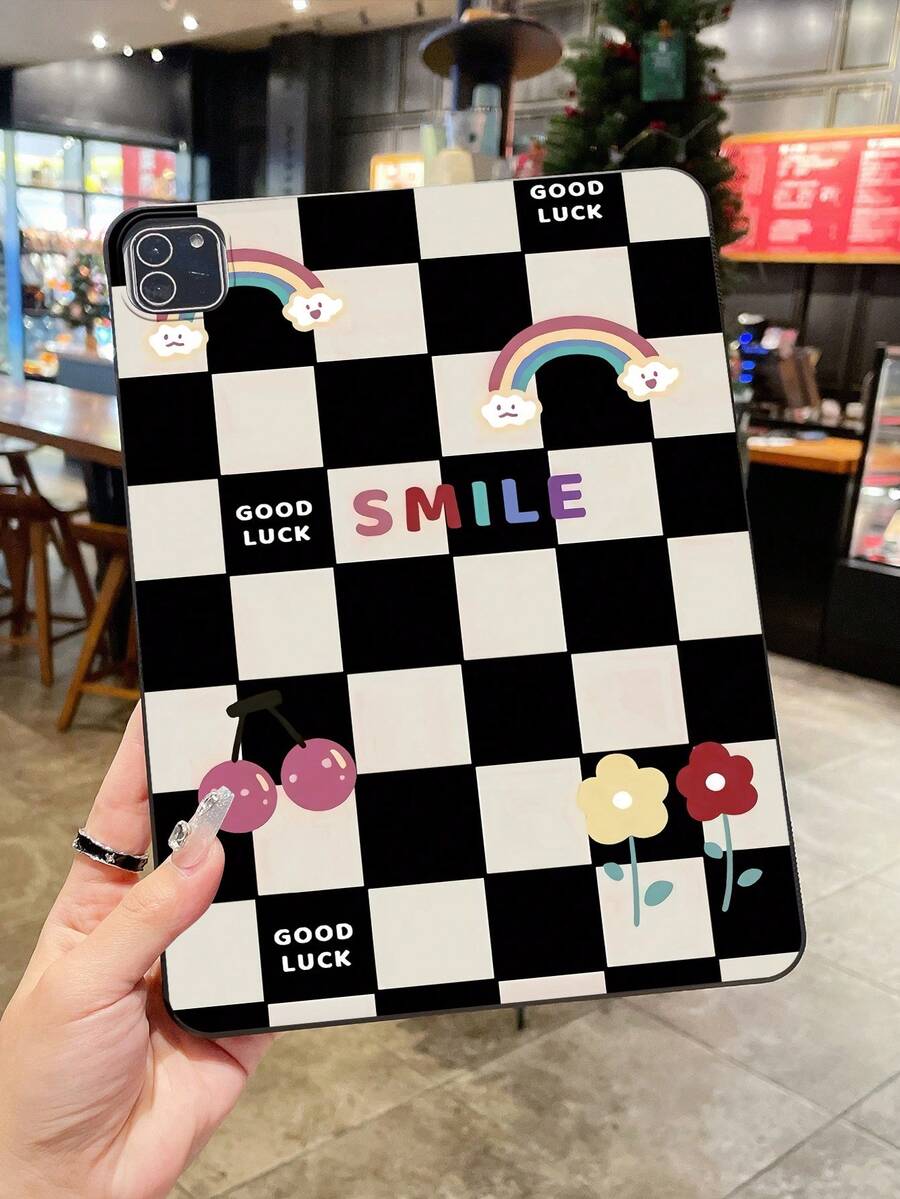 1pc Chessboard Pattern Rainbow Cherry & Letter & Floral Print Black ...